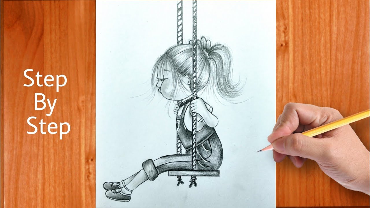 Easy Drawing | How To Draw Girl On Swinging | Step By Step | Pencil ...