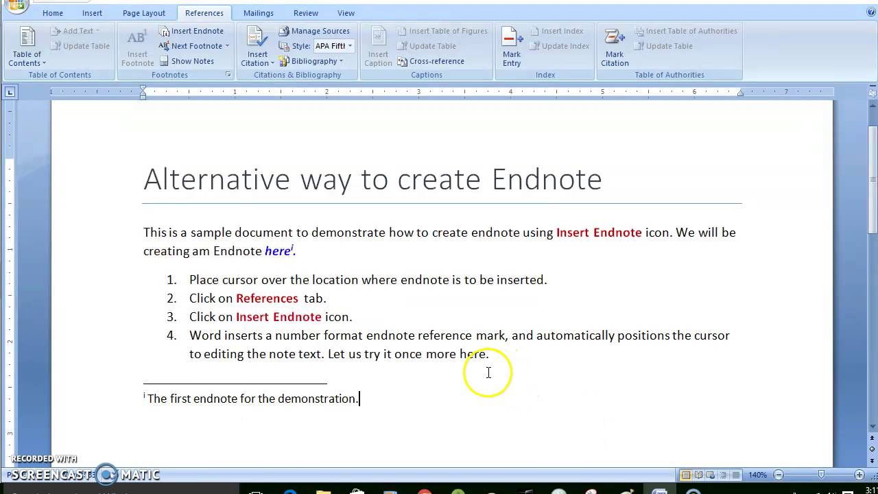 Creating Endnote in Word 2007 using Insert Endnote button - YouTube