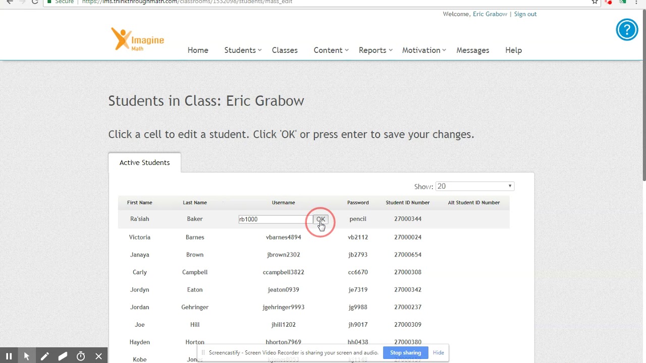 Imagine Math - change student usernames and passwords - YouTube