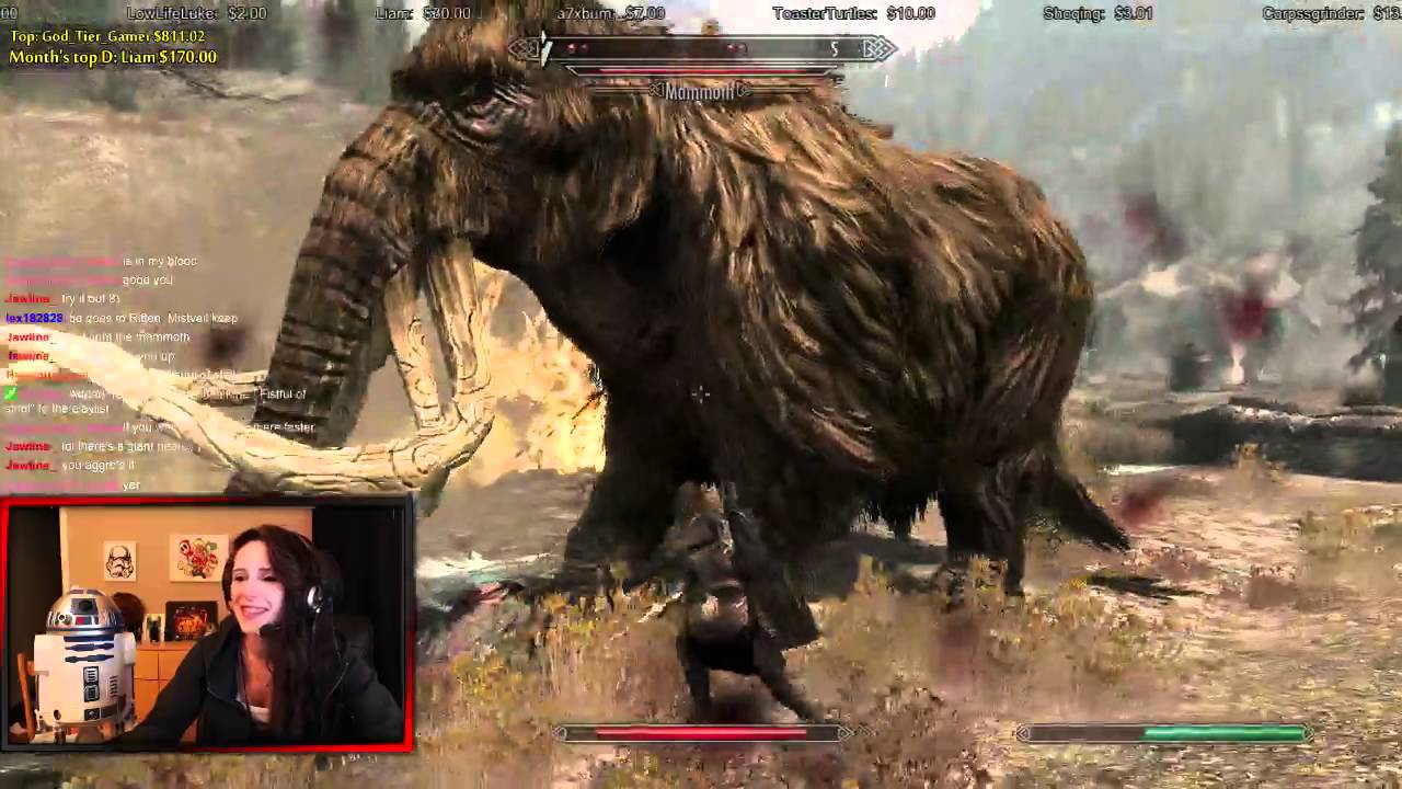 Skyrim - Dragon, Mammoth & Giant four way fight - YouTube