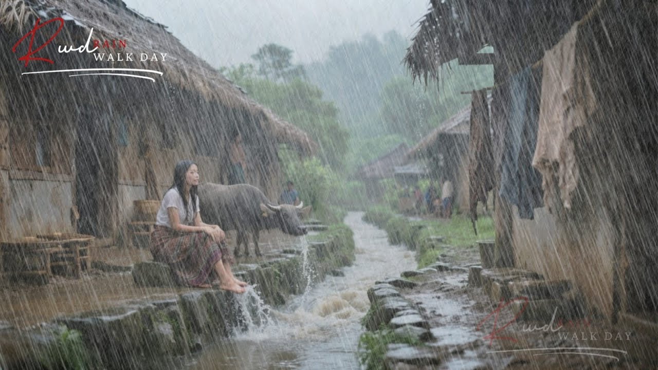 HEAVY RAIN FROM THE HEAVENLY SKY FALLS ON THE ASIAN COUNTRYSIDE, A ...