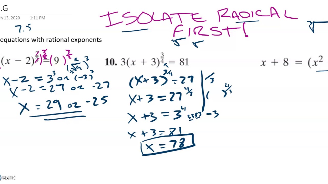 Solving equations with rational exponents - YouTube