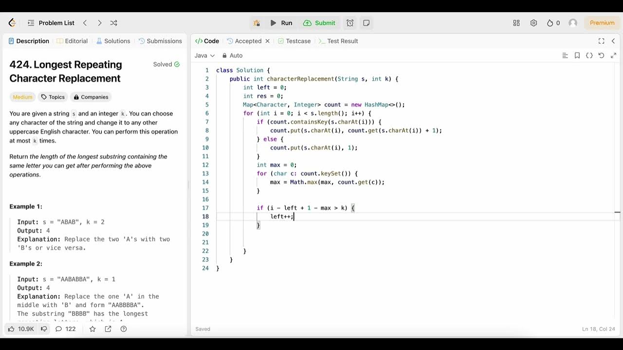 Leetcode 424 Longest Repeating Character Replacement Java Youtube 8607