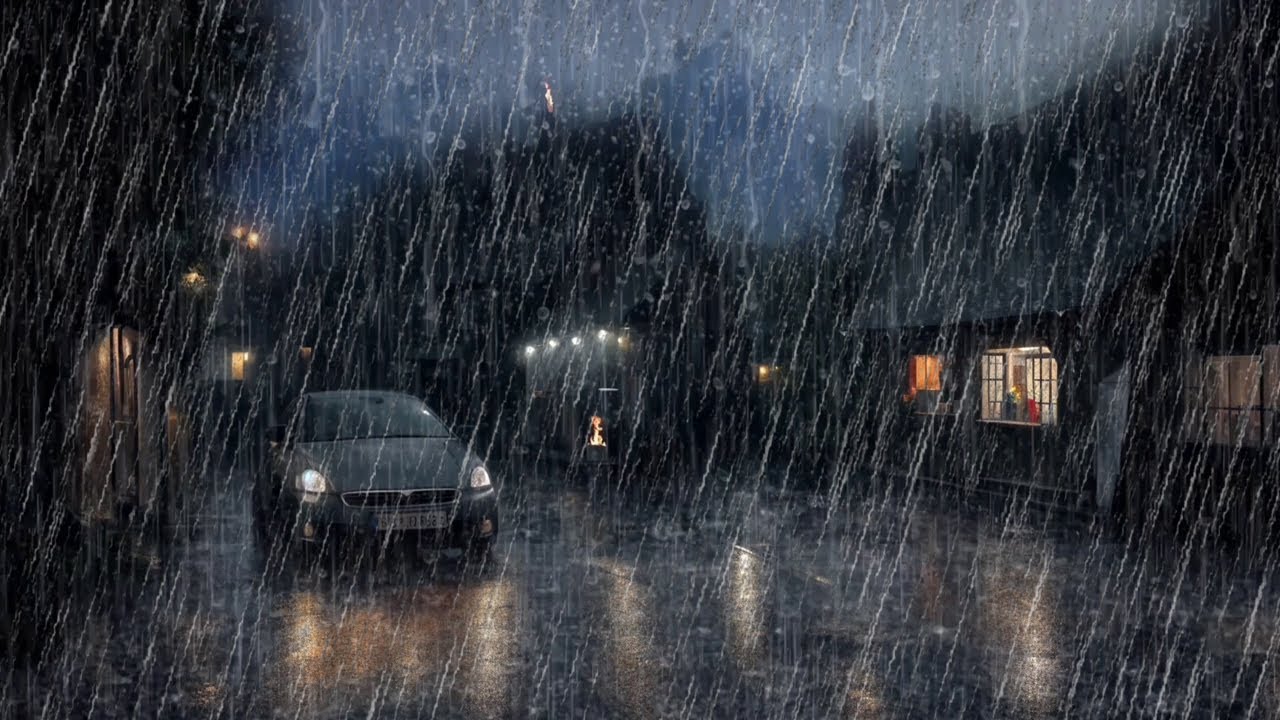 STRONG Rainfall on a Dark Forest Cabin, with the Cozy Warmth Fireplace ...