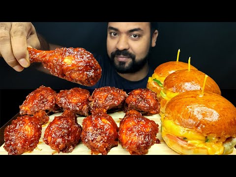BBQ CHICKEN LEG PIECE, BBQ THIGH PIECE, CHICKEN CHEESE BURGER MUKBANG ASMR EATING SHOW | #LiveToEATT