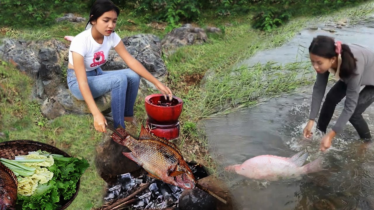 River Food Fun - Catch clean cook grilled fish near river eating so ...