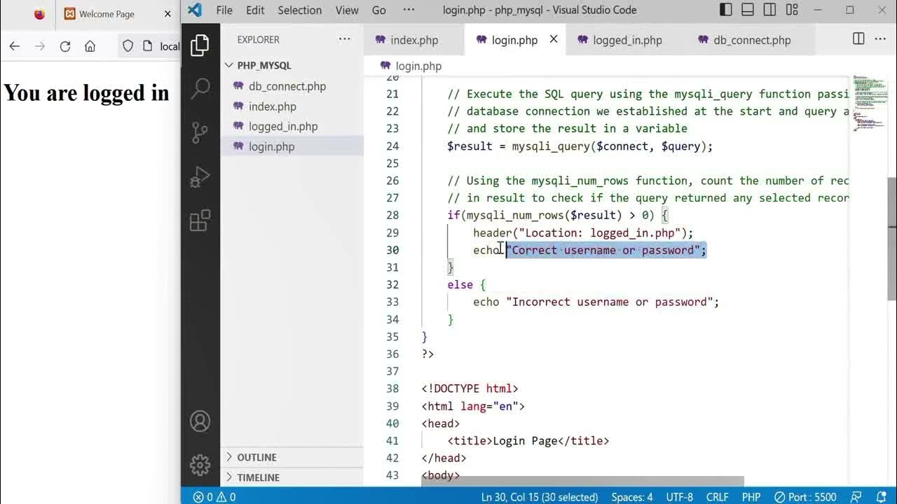 PHP and MySQL 8: Using the exit() function to prevent further code execution. - YouTube