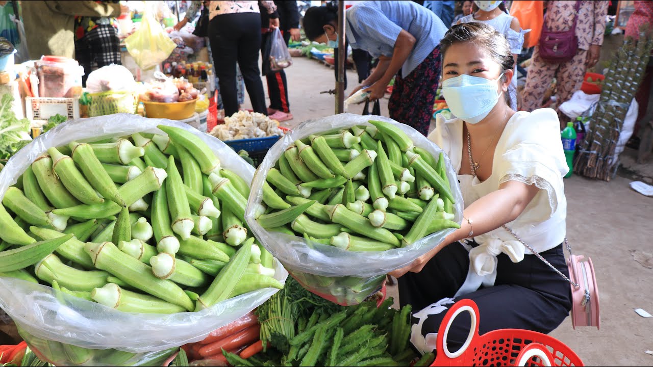 My village market in the morning / Buy fresh okra for my recipe ...