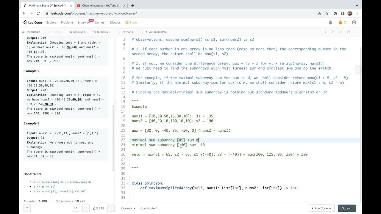 Leetcode 2321. Maximum Score Of Spliced Array - Kadane's method - YouTube