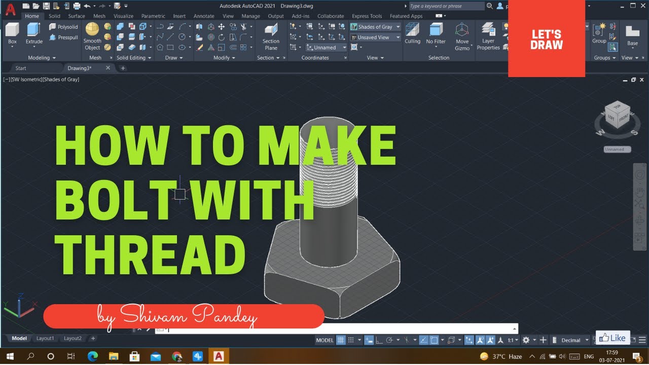 Bolt design with thread in AutoCad #Autocad #design #Bolt - YouTube