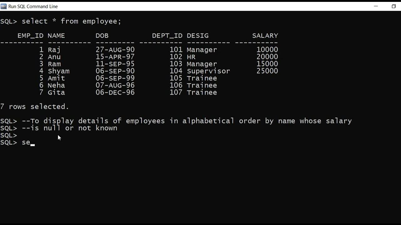 SQL command to display employees in alphabetical order whose salary is ...