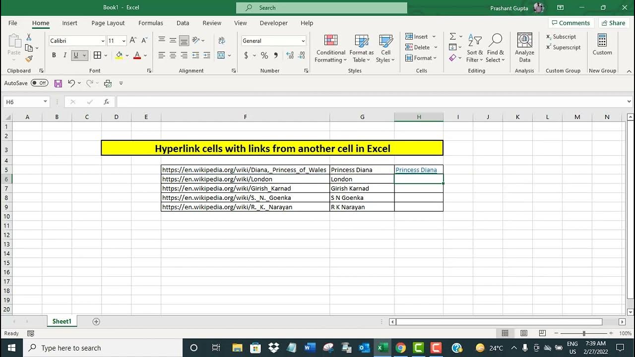 Hyperlink cells with links from another cell in Excel - YouTube