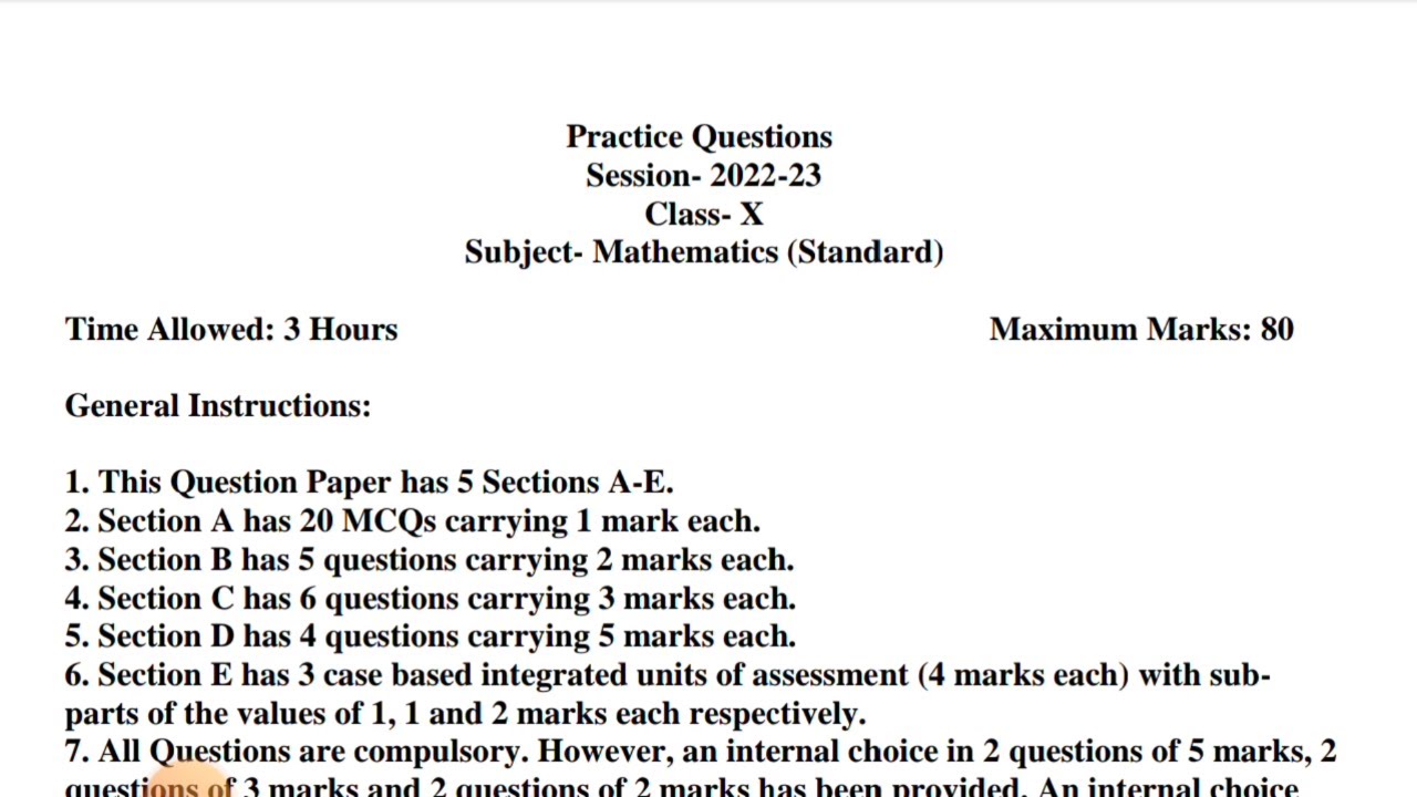 Cbse sample paper ( practice questions ) class 10 maths 2023 - YouTube