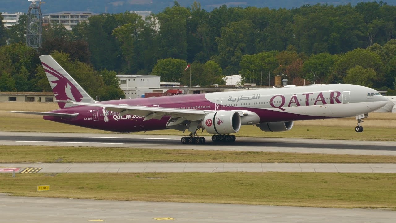 4K | Qatar *FIFA World Cup* Boeing 777-300ER landing at Geneva/GVA/LSGG ...