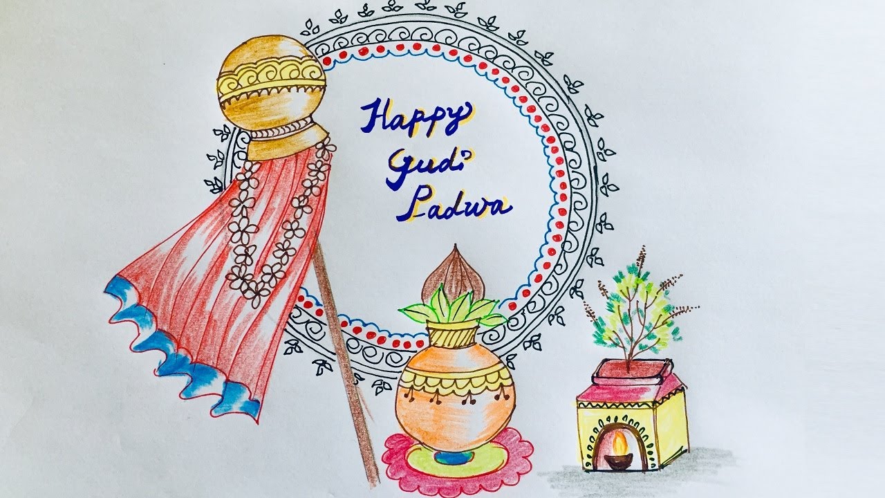 Gudi padwa drawing easy | How to draw happy Gudi padwa festival easy ...