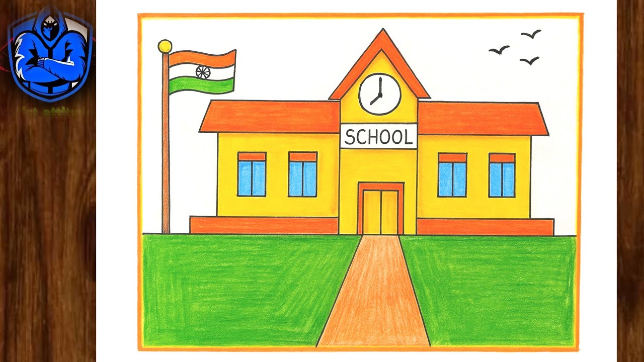 School Scenery Drawing / My School Drawing / How to Draw a School Easy ...