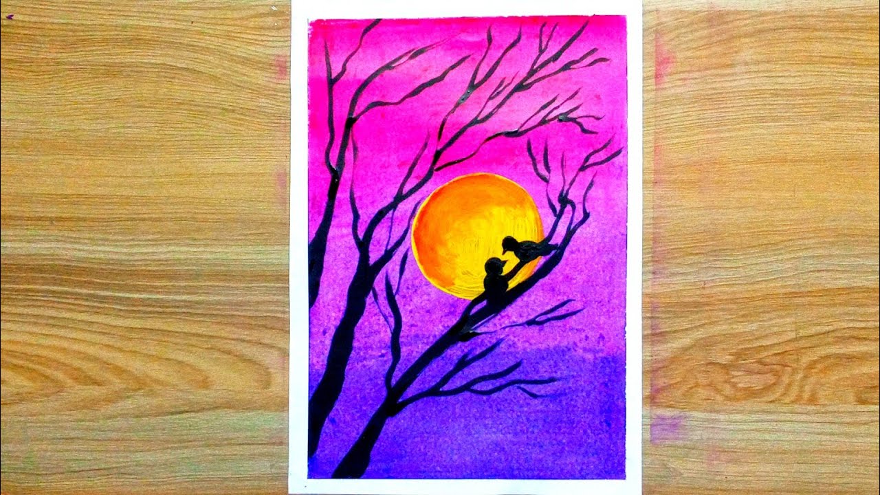 How to draw easy moonlight drawing with oil pastels || Easy moonlight ...