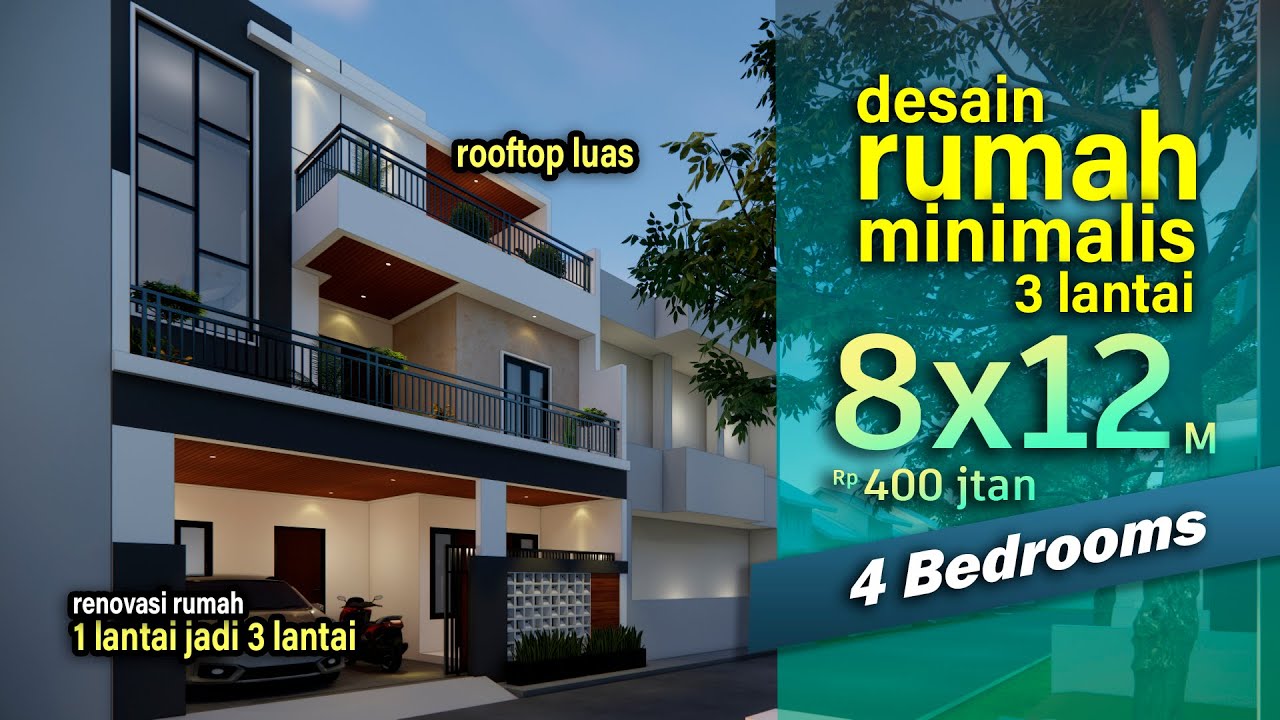 Desain Rumah Minimalis 3 lantai 8x12 m 4 kamar tidur | sederhana tapi mewah #rumahgaris - YouTube