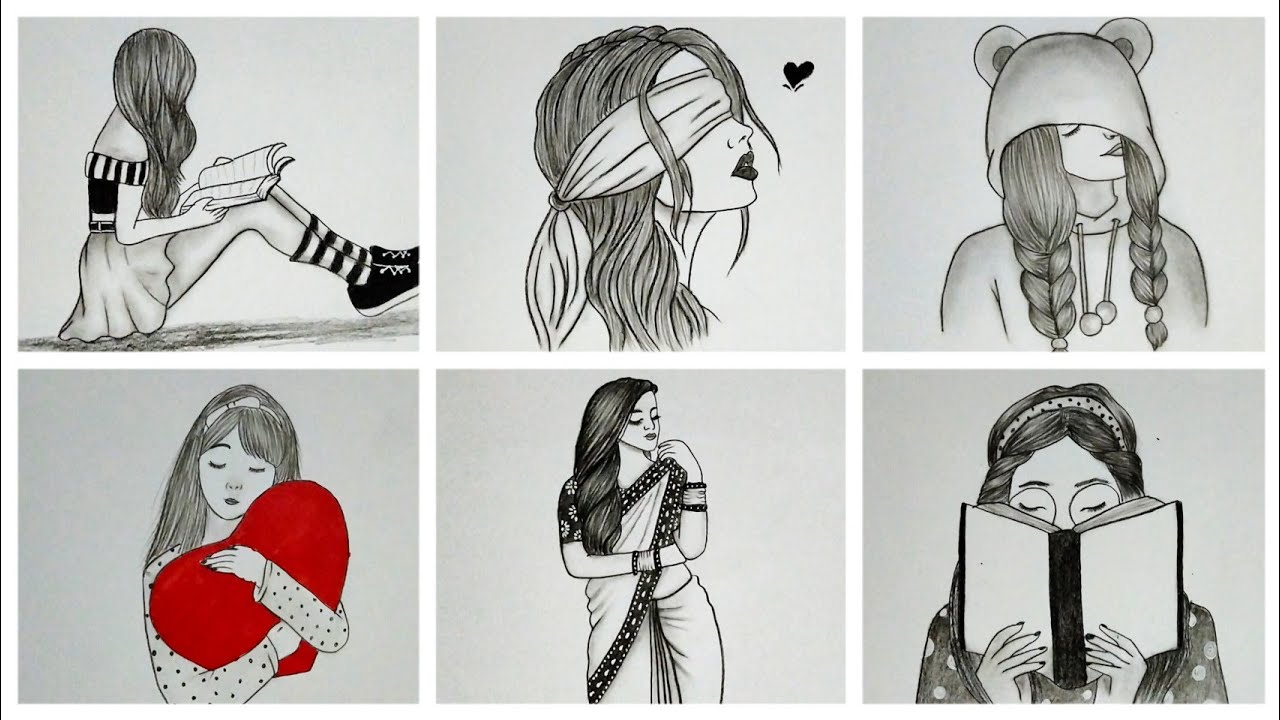 6 easy girl drawing ideas || Pencil sketch Tutorials || Art Videos ...