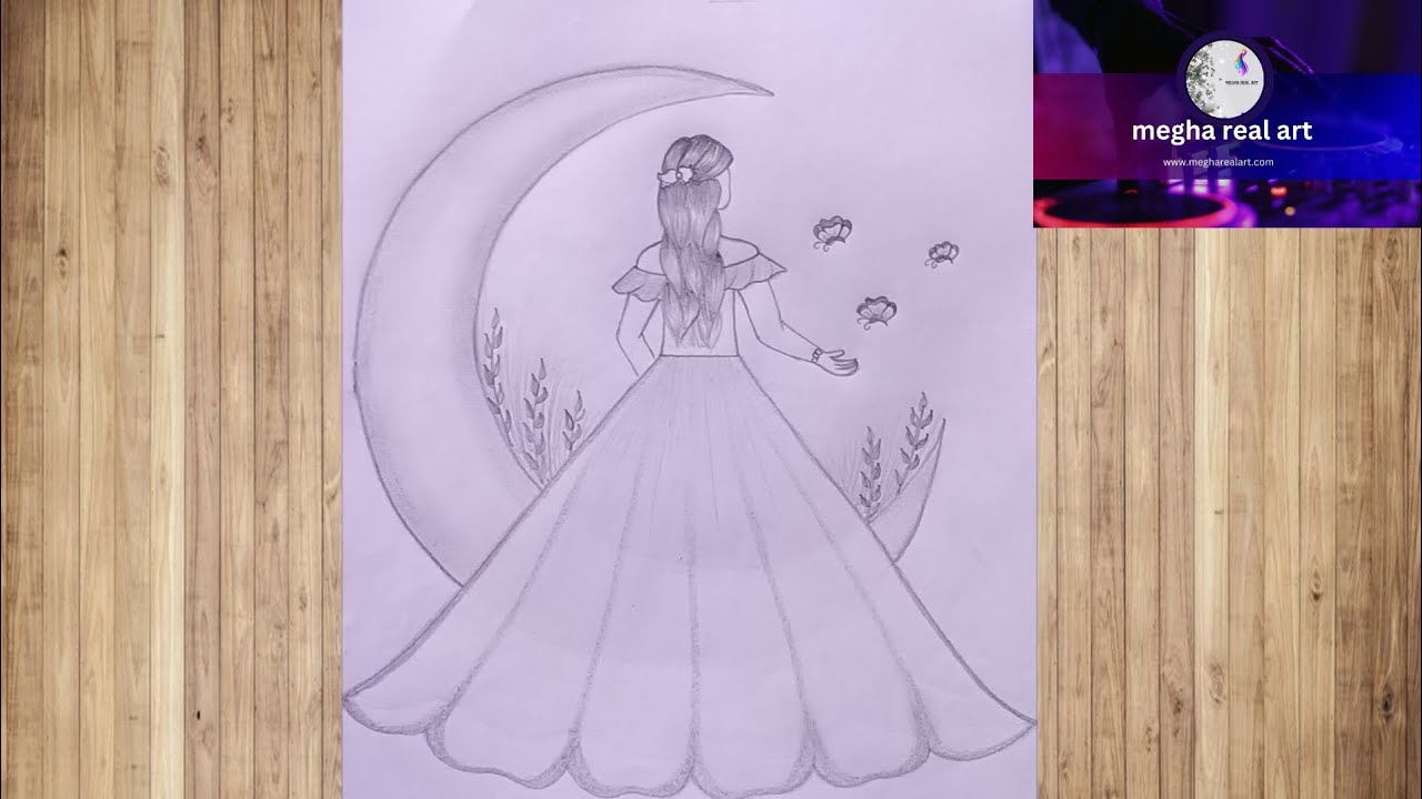 easy girl and moon pencil drawing // beutiful moon drawing with pencil ...