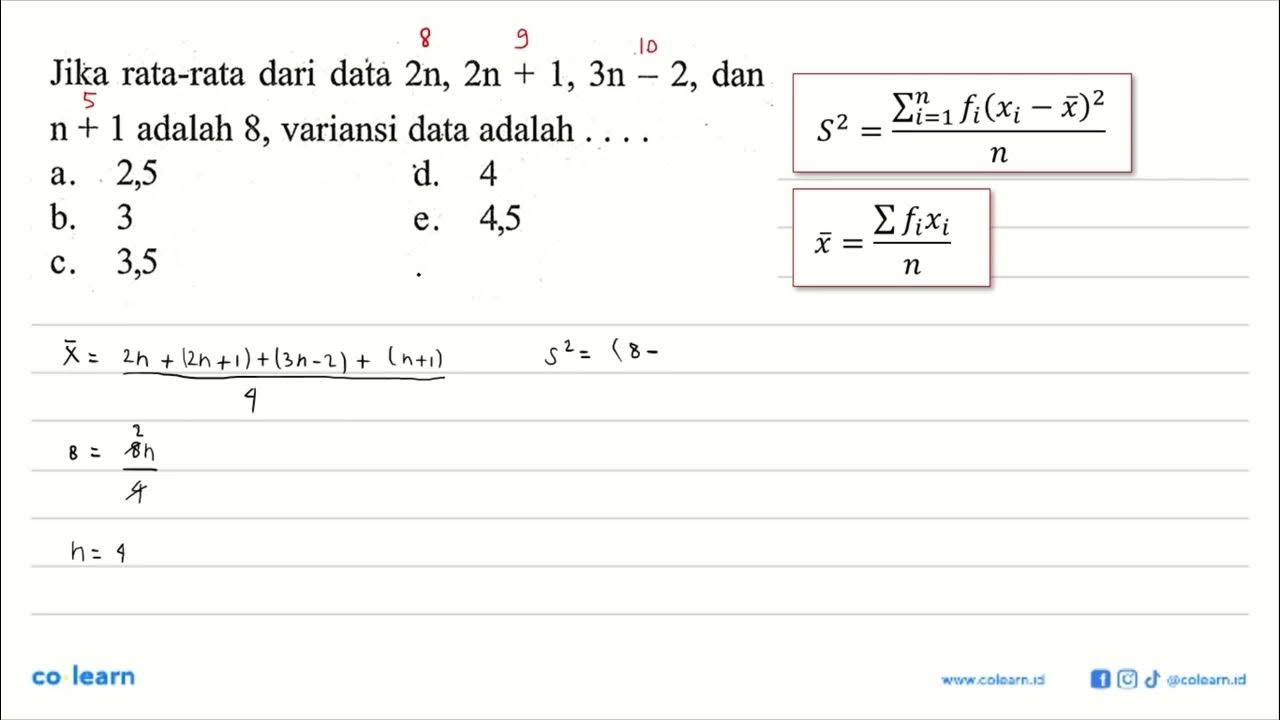 Jika rata-rata dari data 2n, 2n+1, 3n-2, dan n+1 adalah 8, variansi data adalah ... - YouTube