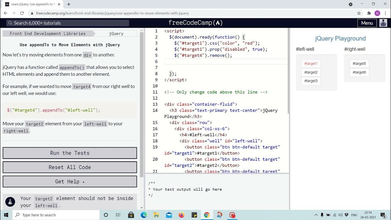 Exercise 12 - use appendTo to move elements with jquery - freecodecamp - YouTube