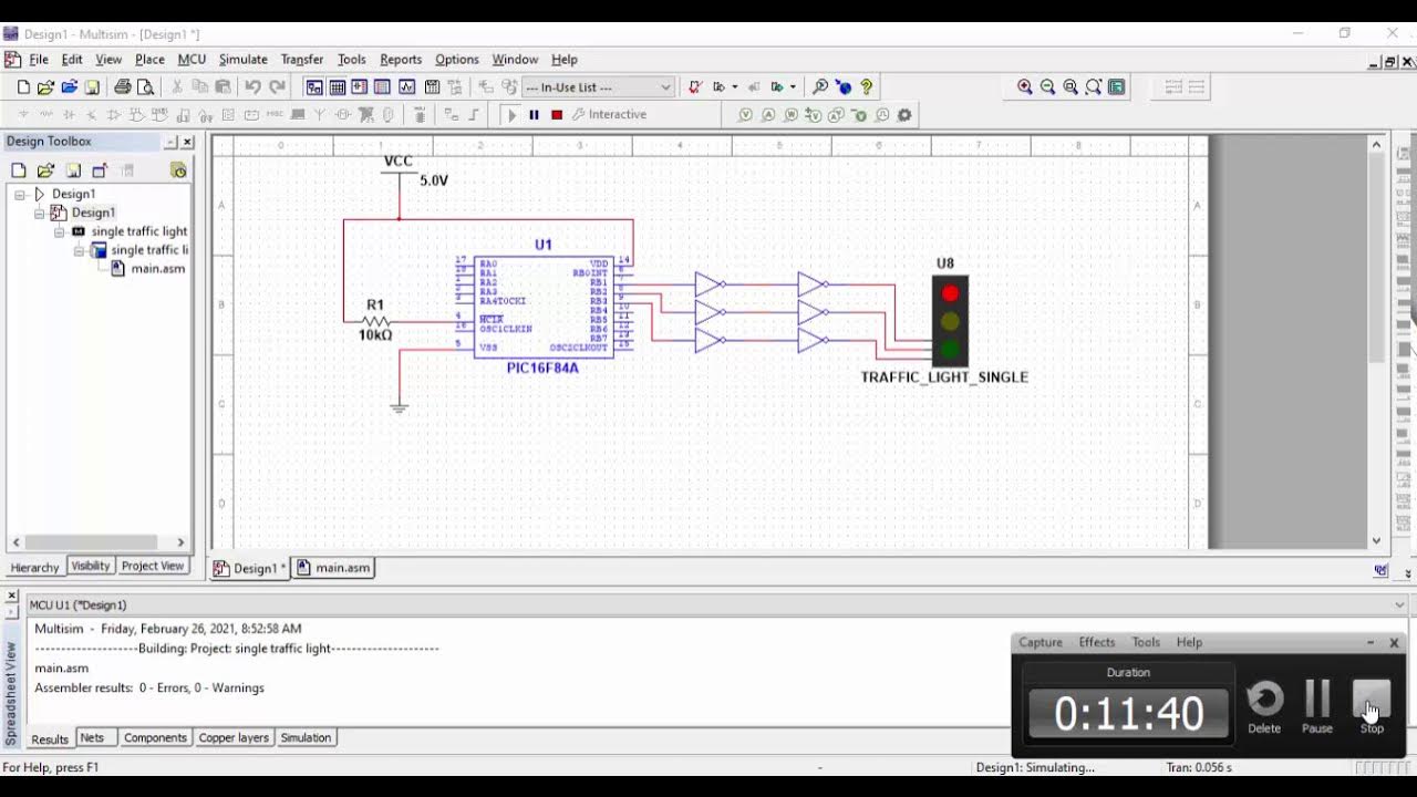 Single traffic light simulation in Multisim using PIC Microcontroller PIC16f84A (Assembly ...