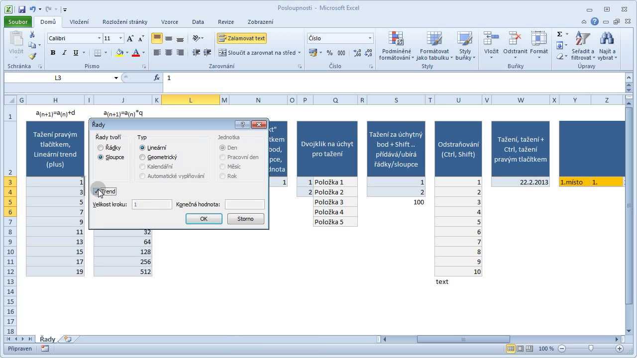 Excel - posloupnosti, řady - YouTube