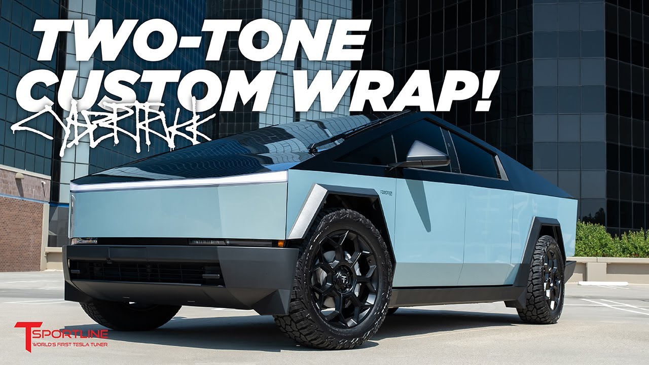 Custom 2-Tone Wrapped Cybertruck - Blackout Upper & Urban Bamboo Ocean Lower - 22" CT7 Forged ...