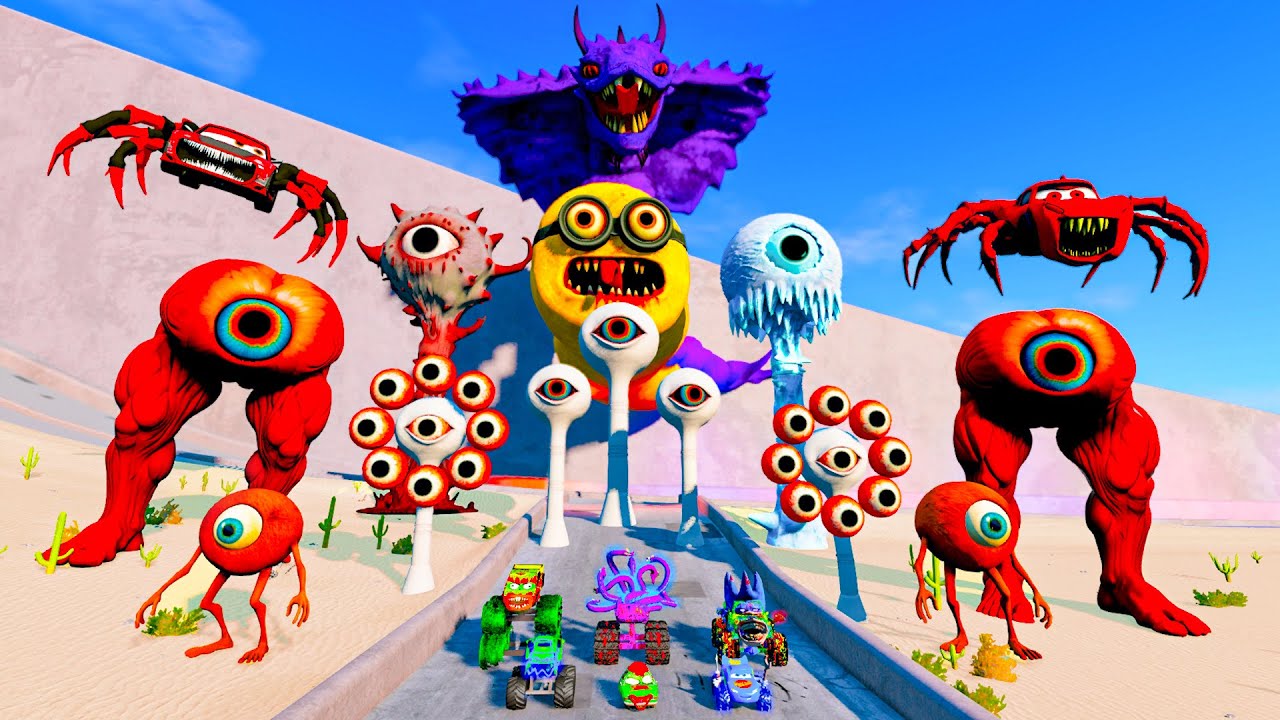 ALL MONSTERS Big & Small Monster Cars Downhill Madness With MINION WORM ...