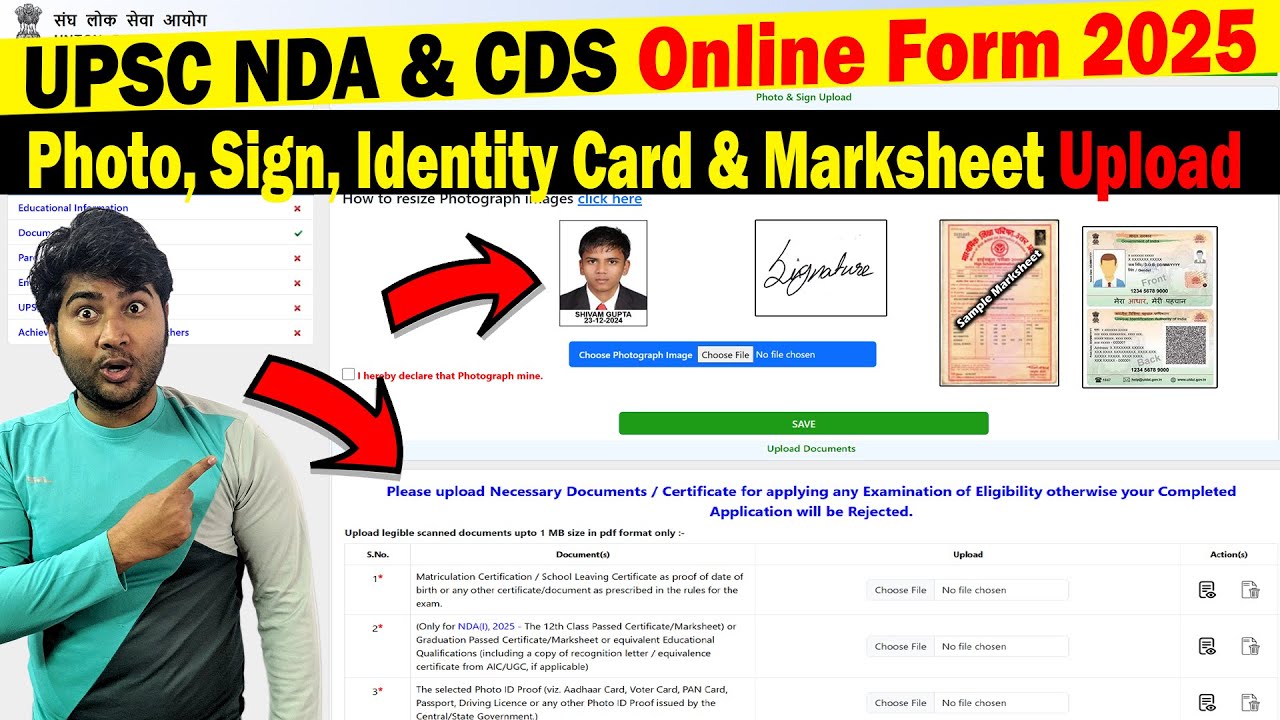 Photo, Signature, Adhaar Card & Marksheet Upload in UPSC NDA & CDS ...