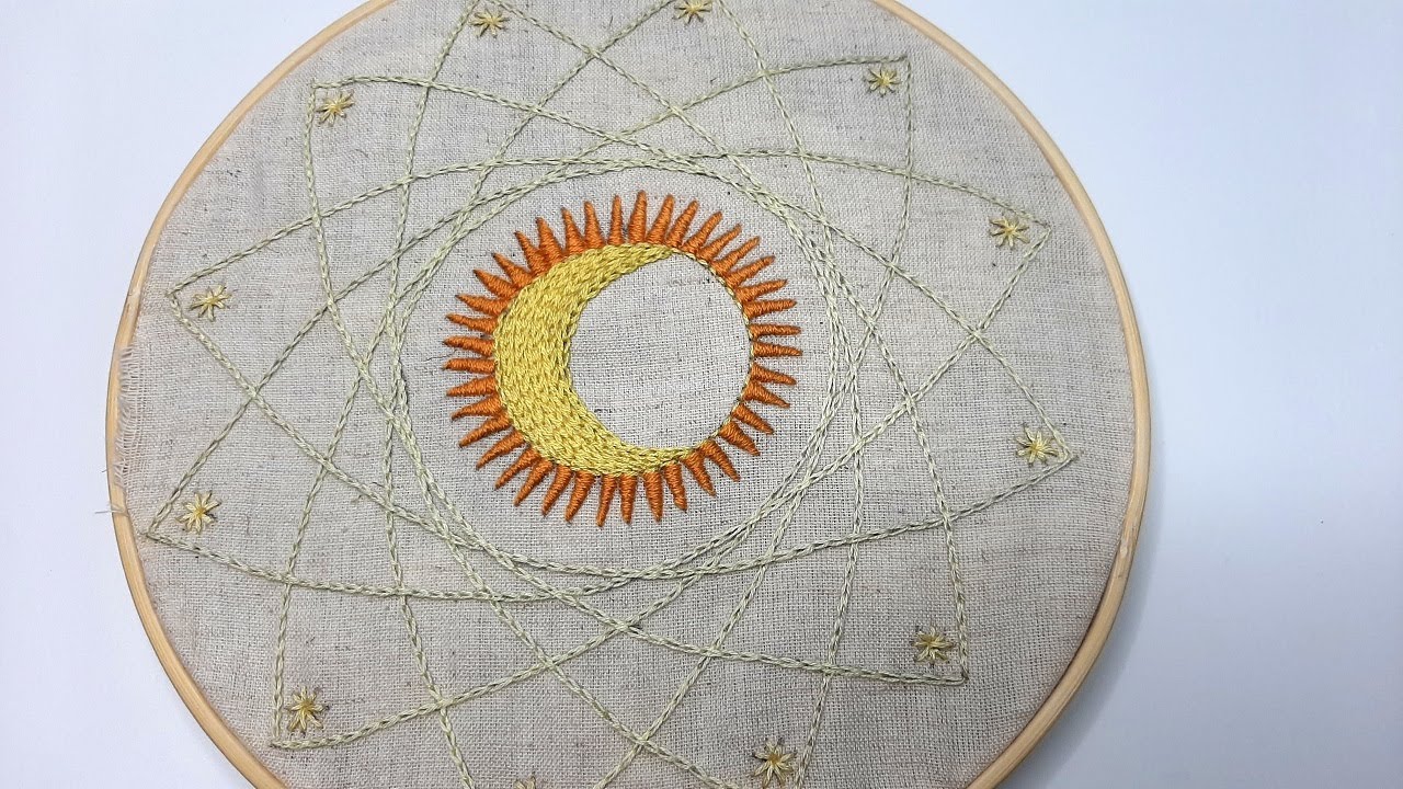 Hand Embroidery the Sun with the crescent Moon Satin Stitch Back Stitch ...