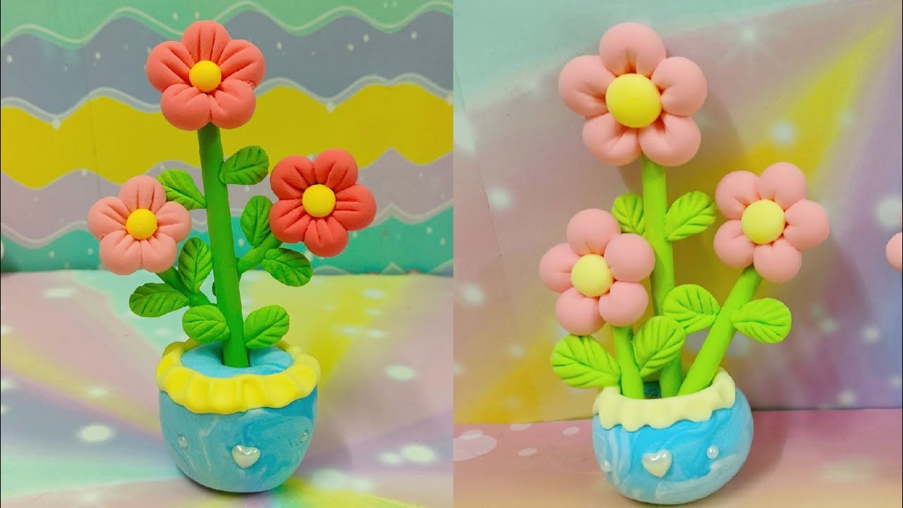 How to make pink flower pots from modeling clay - YouTube