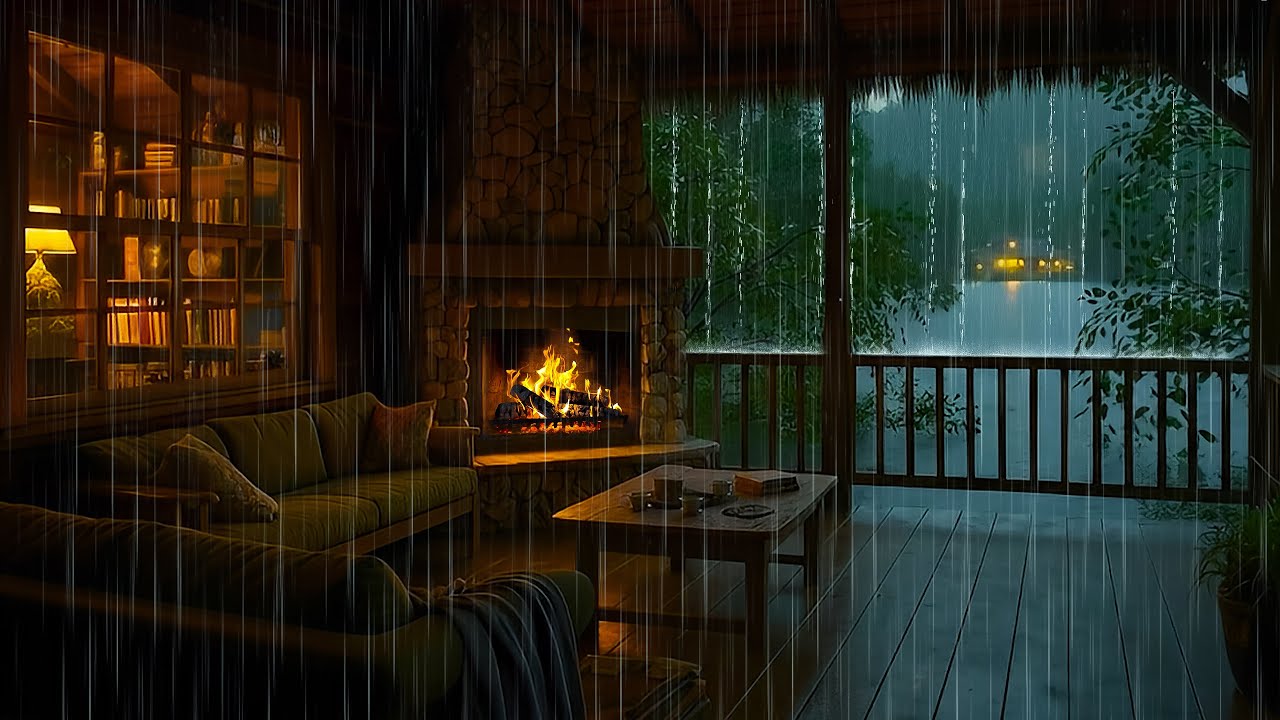 Cozy Cabin in Forest Rain at Night 🌧 Heavy Rain, Crackling Fireplace ...