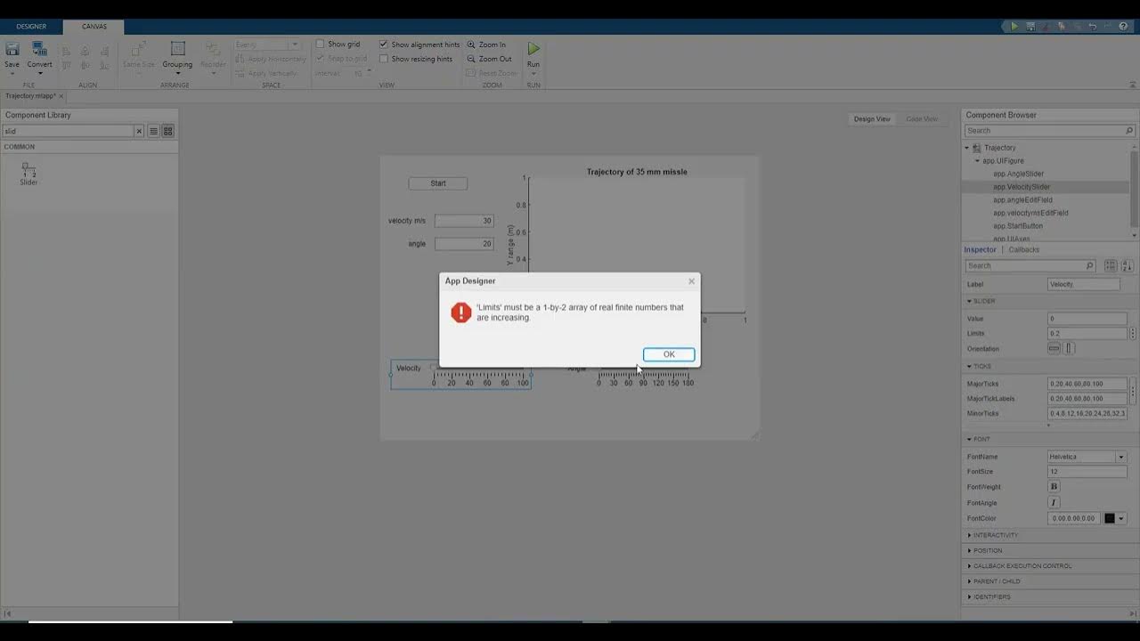 Matlab creating GUI/UI graphical interface with plot ballistic trajectory - YouTube