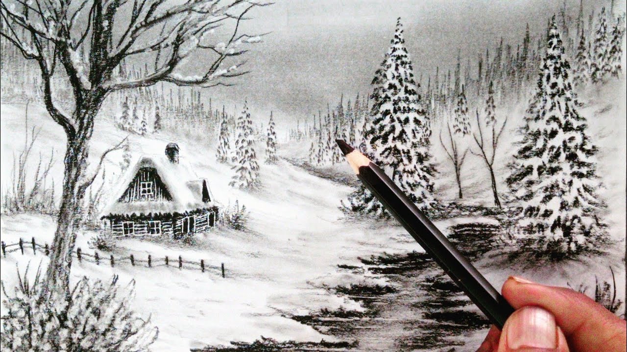Pencil drawing winter season landscape scenery easy ways// Winter ...