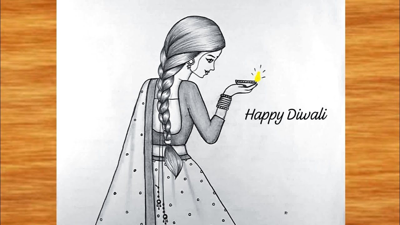 A Traditional Girl Celebrate Diwali Drawing ||Diwali drawing easy ...