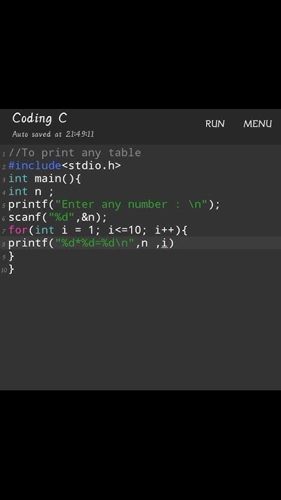 c program to print multiplication table using for loop #youtubeshorts - YouTube