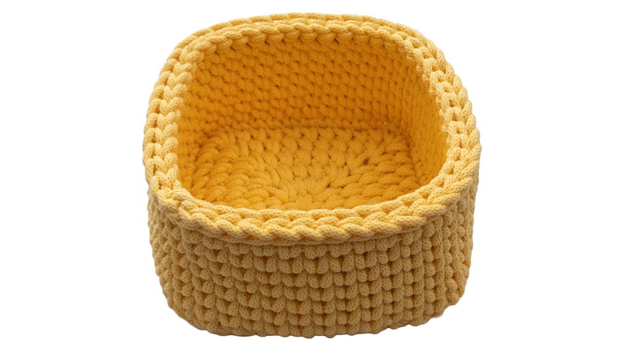Square Crochet Basket Tutorial, Continuous Rounds, 5mm Braided Cotton Cord, Right Hand - YouTube
