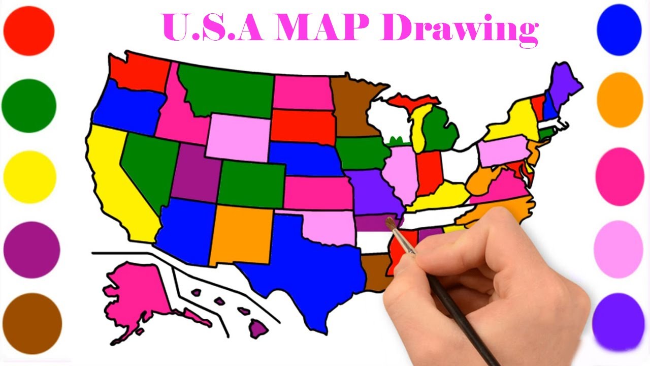 USA Map Drawing, Coloring And Indicate Provinces For Kids - Yellow Tad ...