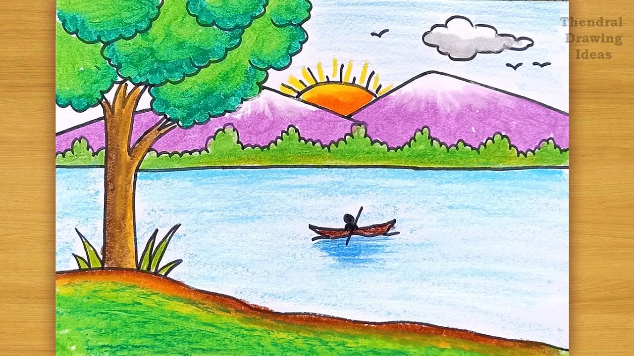 how to draw scenery with boat - YouTube