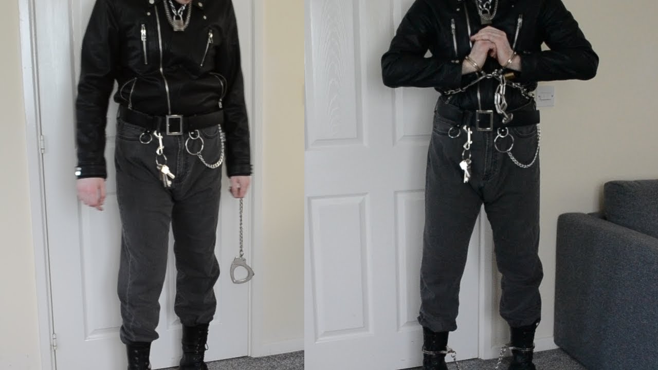 Kinky Grunge Outfit: Handcuffs,Grey Jeans, Leather Jacket And Boots ...