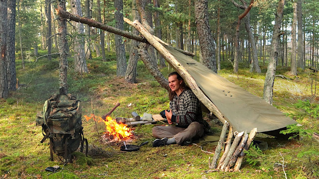 2 Day Solo Bushcraft🌲Nordic Island, Canvas Tarp Shelter, Campfire ASMR ...