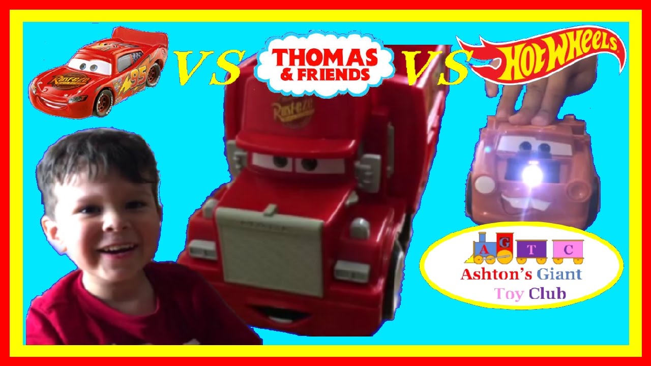 DISNEY CARS MACK RACING LIGHTNING MCQUEEN VS THOMAS TRAINS VS HOT ...