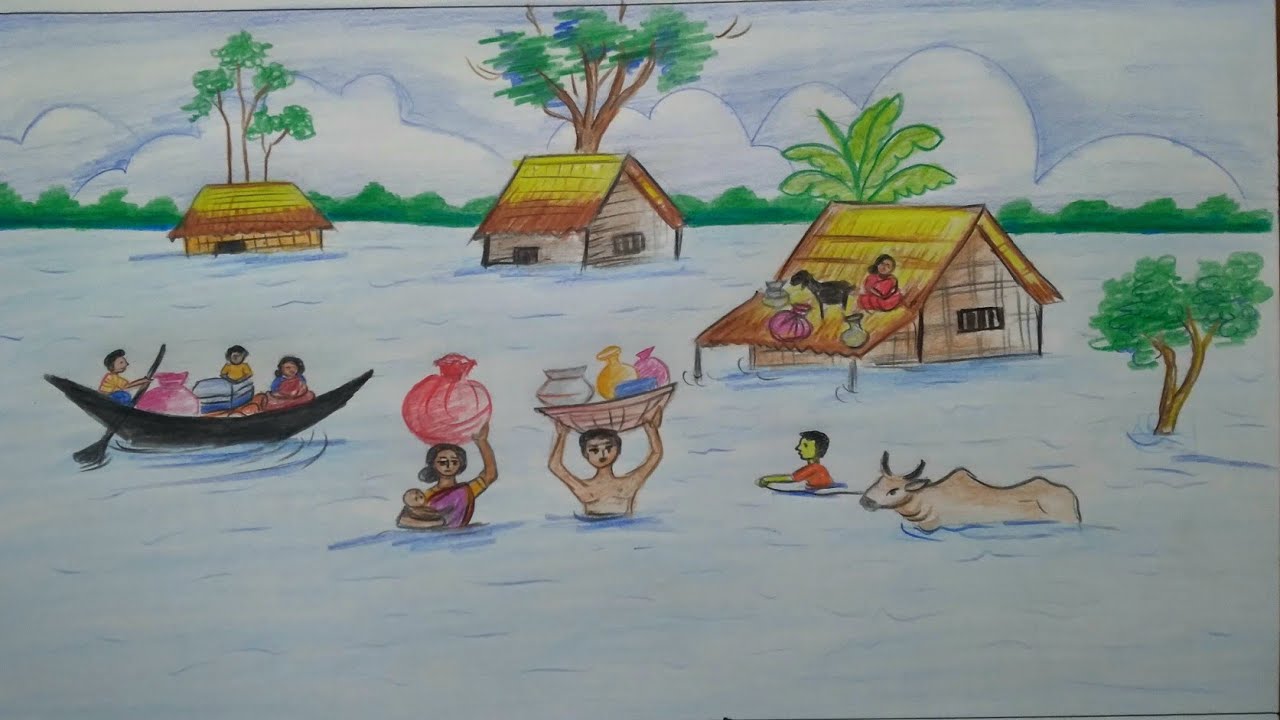 How to draw a scenery of flood step by step .বন্যার দৃশ্য ৷rony. - YouTube
