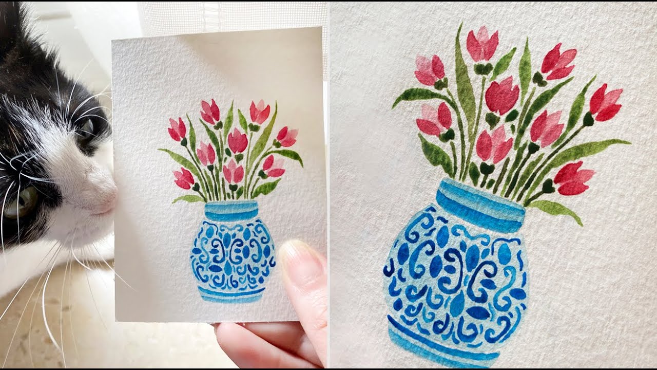 Tutorial simples e fácil | COMO PINTAR vaso com Tulipas em AQUARELA 🌷 # ...