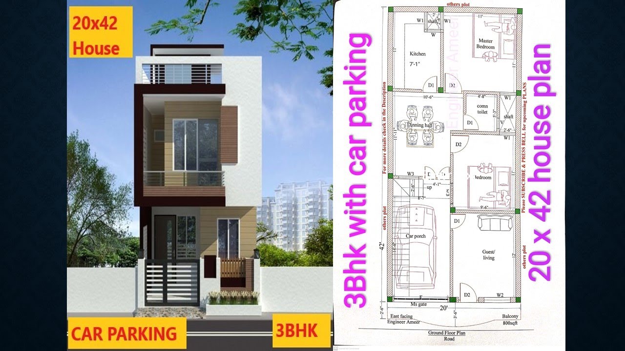 20 X 42 HOUSE PLAN 3BHK WITH CARPORCH II 20X42 GHAR KA NAKSHA II 20x42 ...