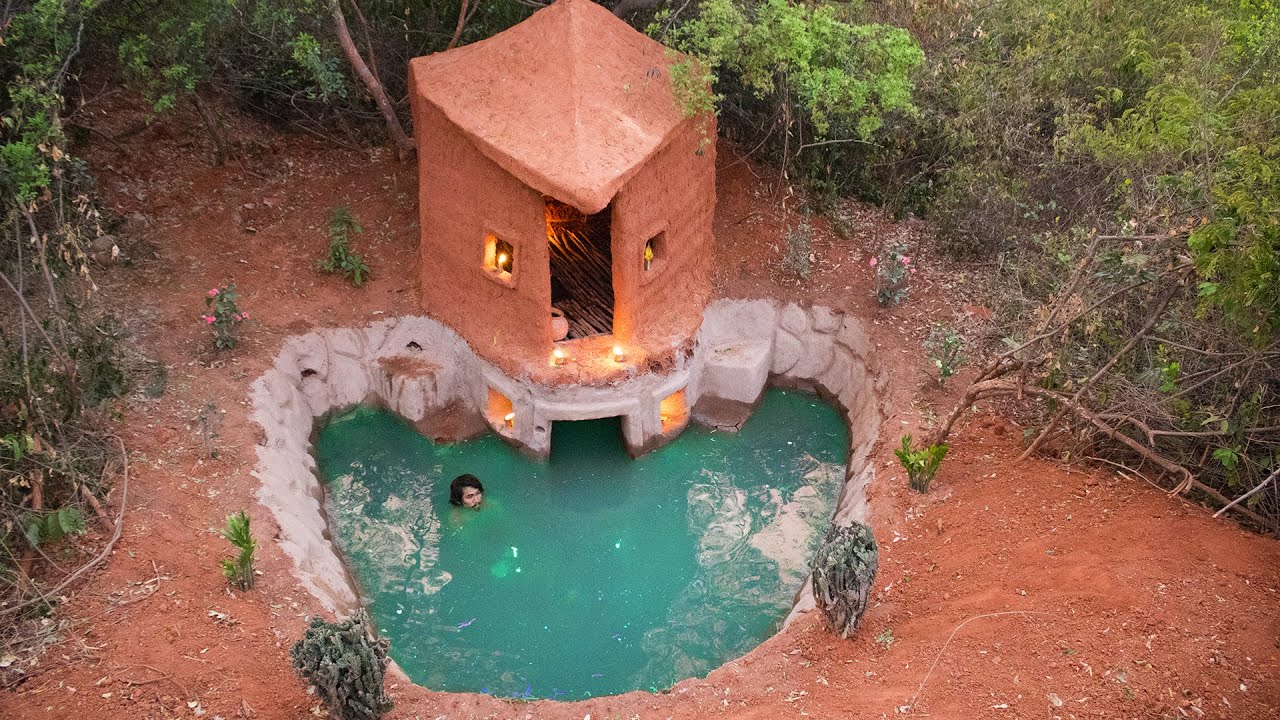 How to build technical mud house underground on the swimming pool in ...