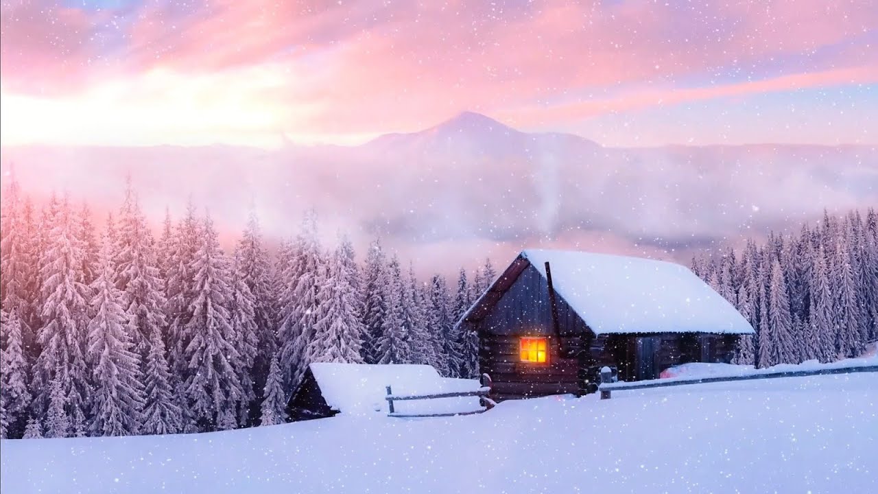 Quietly falling snow, soothing piano sound, small house on the edge of ...