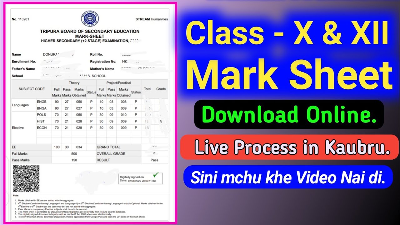 How to download TBSE Class XII Mark sheet || Phrung Kaham - YouTube